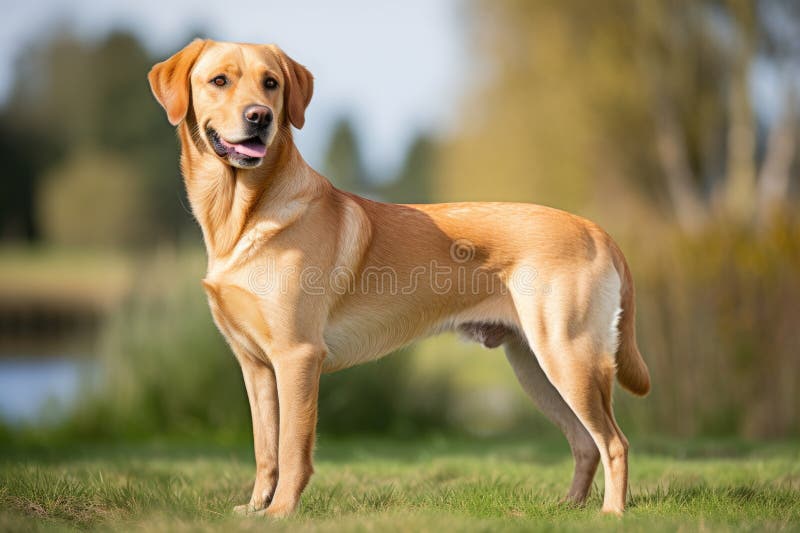 A Large Brown Dog Standing on Top of a Lush Green Field Stock ...