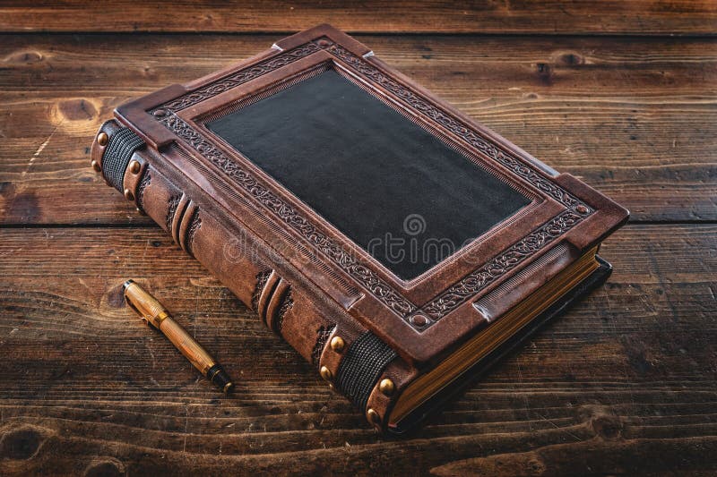 Large Brown Leather Book Lay Down To Wooden Table Stock Photo - Image ...
