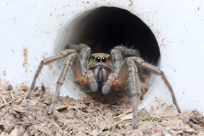 A Large Brown Spider Emerging from Its Burrow in the Ground Stock ...