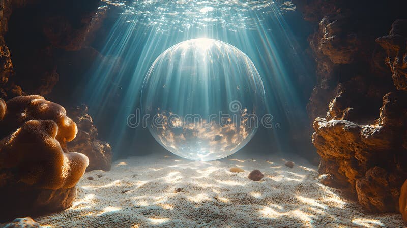 A Large Bubble Underwater Surrounded by Coral and Rocks with Sun Rays ...