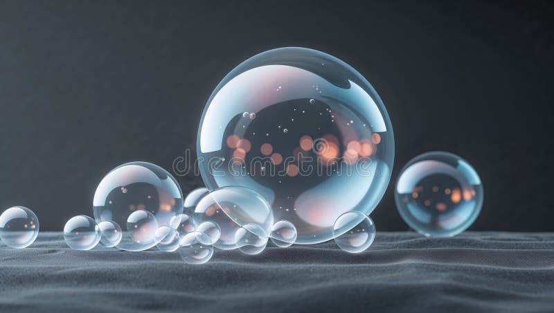 Large Bubbles Float Amidst Smaller Ones on a Dark Surface. Stock Photo ...