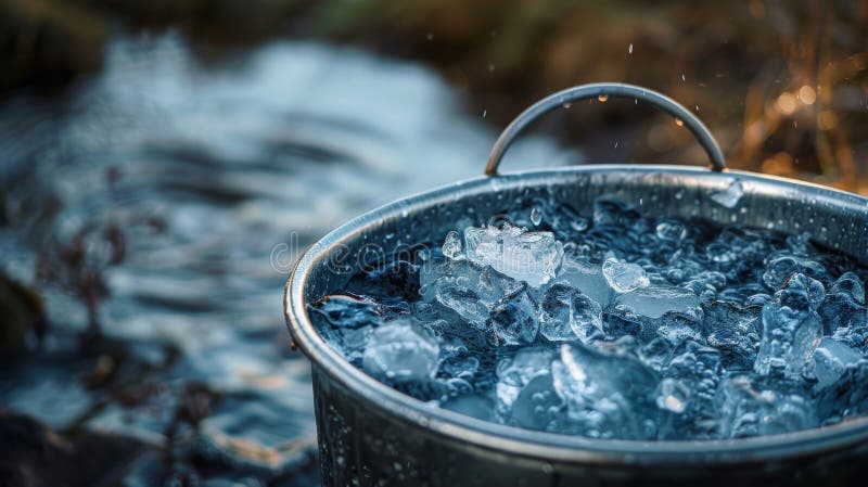 A Large Bucket Filled with Cold Water and Ice Ready for Use during a ...
