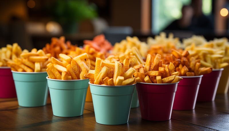 A Large Bucket of Fresh, Fried French Fries on a Table Generated by AI ...