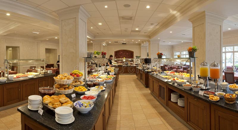 Large Buffet Setup in an Elegant Dining Area. Two Long Counters with ...