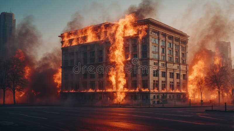 A Large Building in the City is Engulfed in Flames. Stock Illustration ...