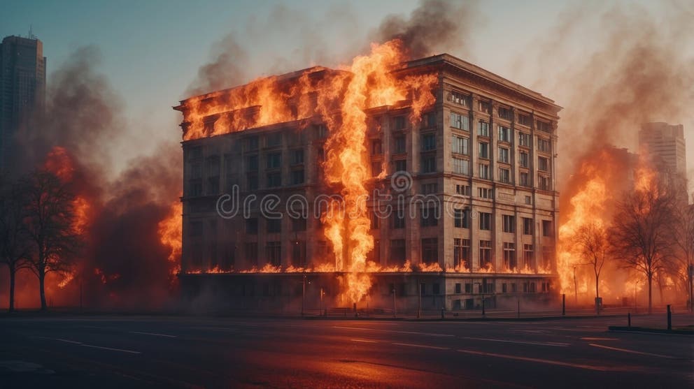 A Large Building in the City is Engulfed in Flames. Stock Illustration ...