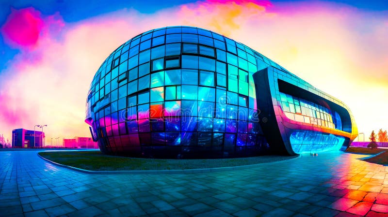 Large Building with Colorful Design on it S Side and Sunset in the ...