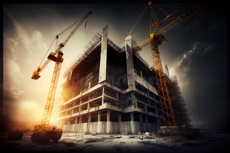 Large Building Construction with Cranes. Modern Architecture. Stock ...