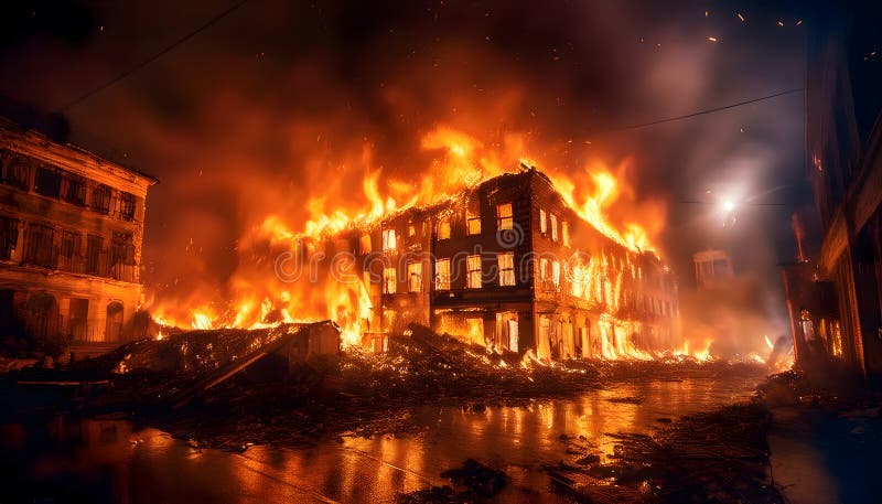 A Large Building Engulfed in Flames at Night, with Intense Fire and ...