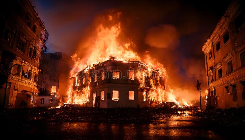 A Large Building Engulfed in Flames at Night, with Intense Fire and ...
