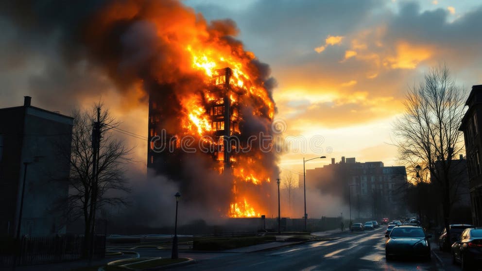 Large Building Fire at Dusk with Intense Flames and Smoke Stock Image ...