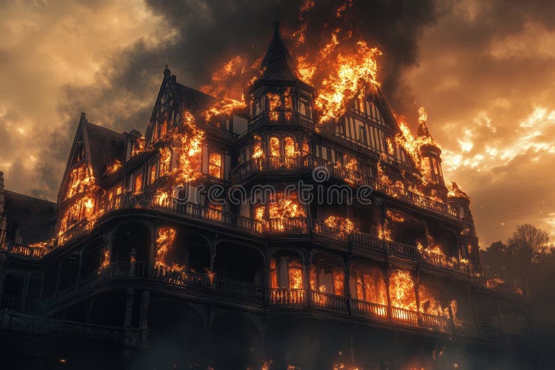 A Large Building is on Fire with Flames Shooting Out of the Top Stock ...