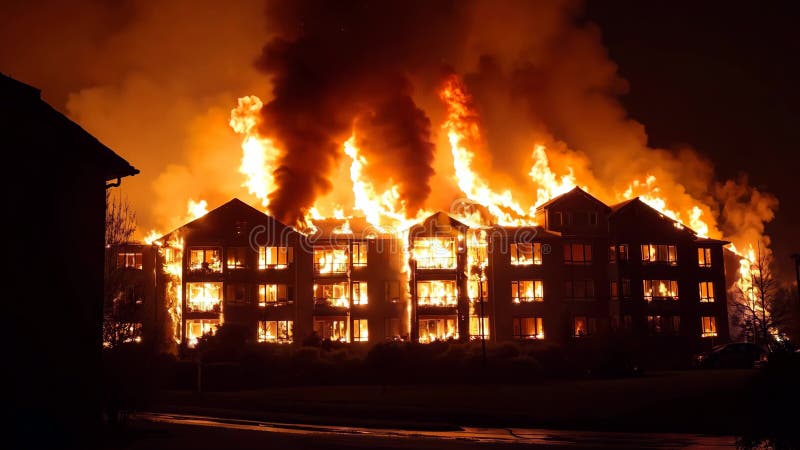 A Large Building on Fire in the Middle of a City at Night Stock Footage ...
