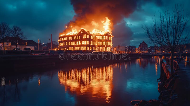 A Large Building on Fire in the Middle of a Body of Water Stock Image ...