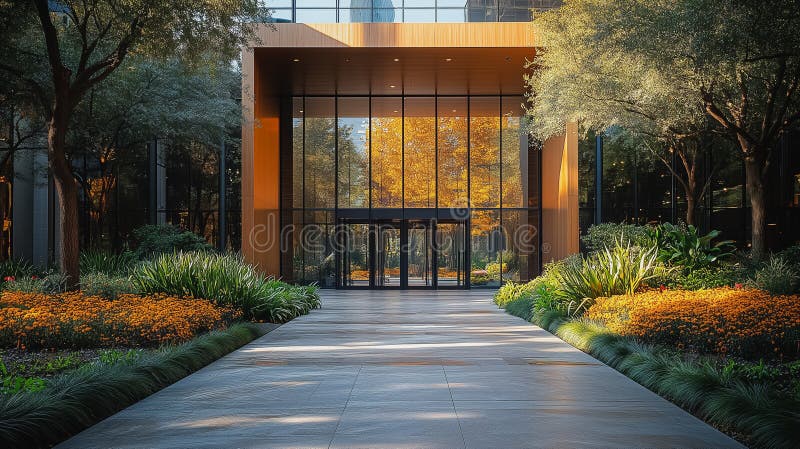 A Large Building with a Glass Entrance and a Large Tree in Front of it ...