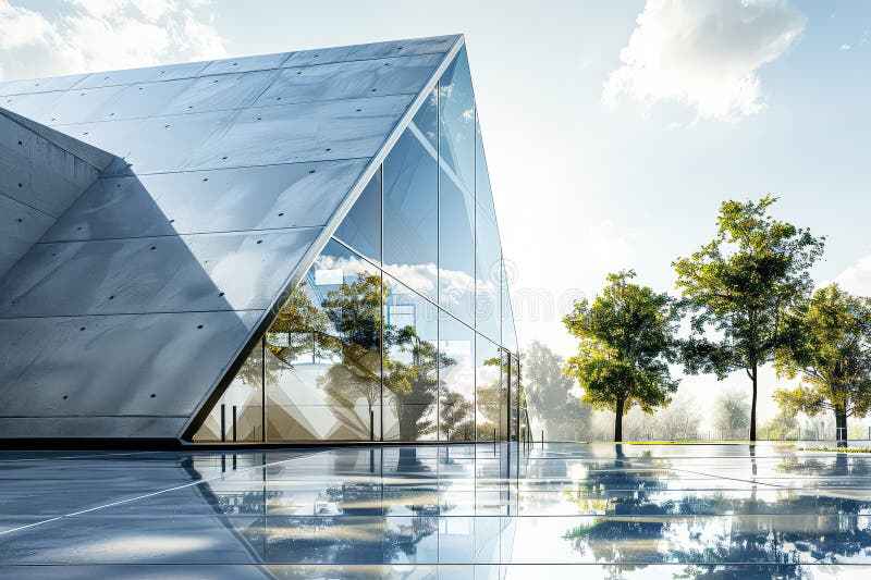 Large Building with a Glass Roof and a Reflection of Trees in the Glass ...