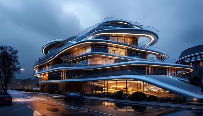 Building Illuminated by Outdoor Lights at Night, Viewed from the ...