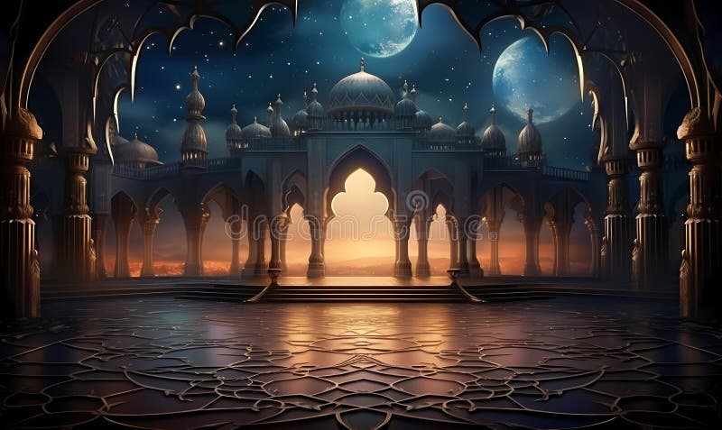 A Large Building with a Large Archway and a Large Moon, Arabic Elements ...