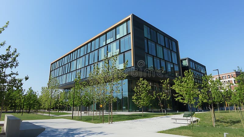 A Large Building with a Lot of Windows and a Green Courtyard Stock ...
