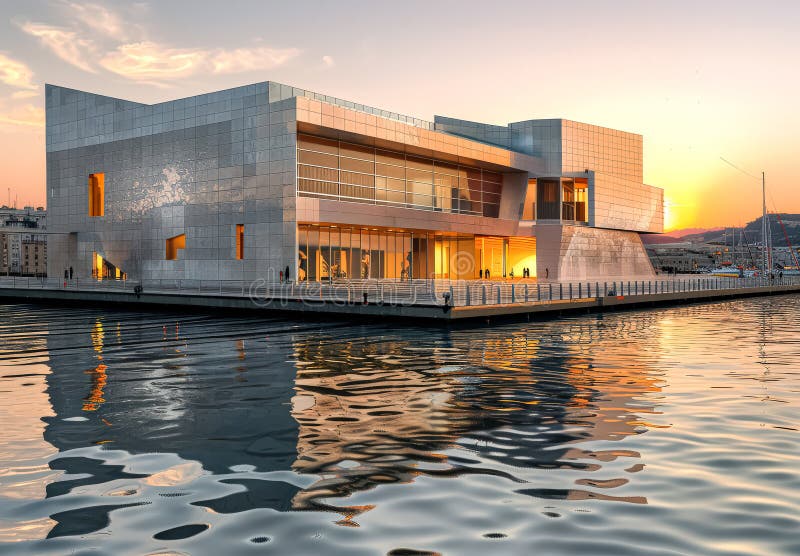 Large Building with a Lot of Windows is Reflected in the Water Stock ...