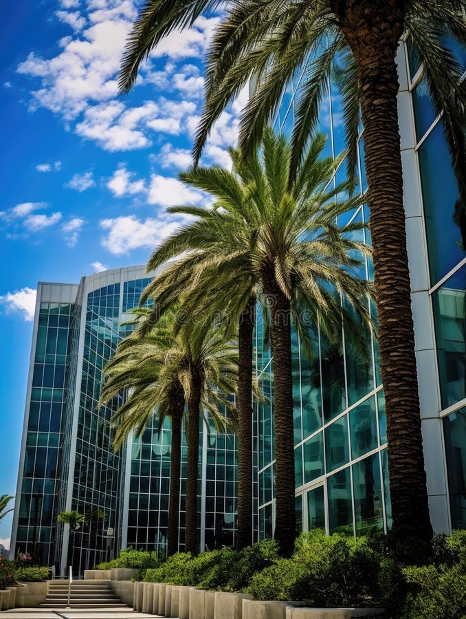 Large Building with Many Windows, Surrounded by Palm Trees. There are ...