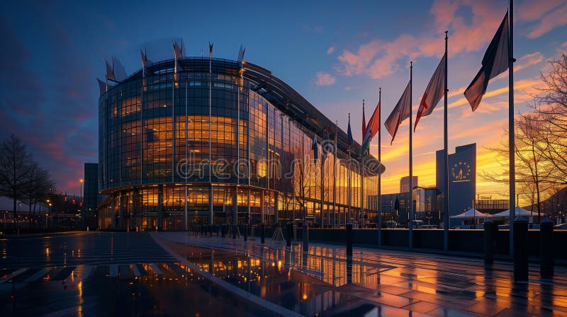 Large Building with Multiple Flags on Display Stock Image - Image of ...