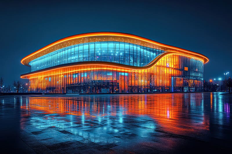 Large Building with Orange Lights Shining on it Stock Photo - Image of ...