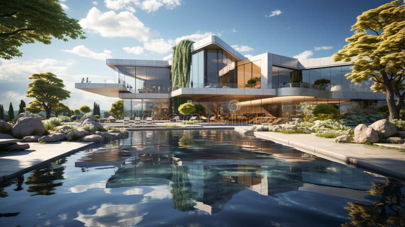 A Large Building with a Pool of Water Stock Illustration - Illustration ...