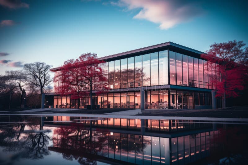 A Large Building with a Reflecting Pool in Front of it Stock ...