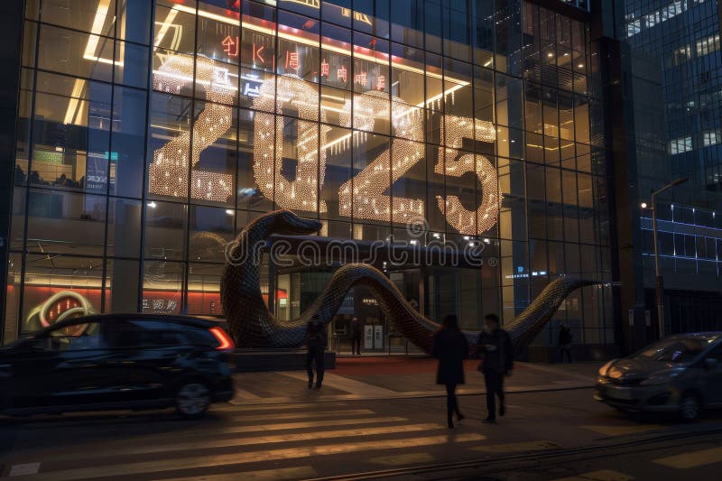 A Large Building with a Snake Sculpture on the Front and the Number ...