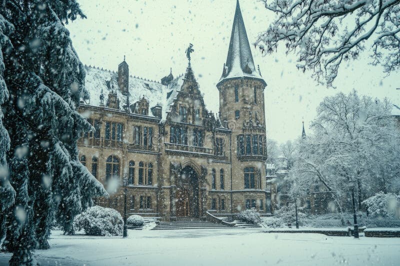 A Large Building Surrounded by Snowy Trees, Perfect for Winter Scenes ...