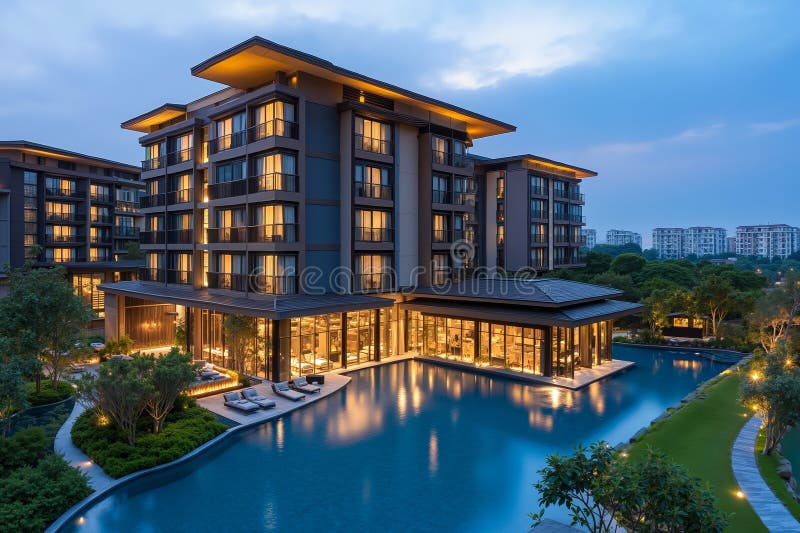 A Large Building with a Swimming Pool in Front of it Stock Image ...