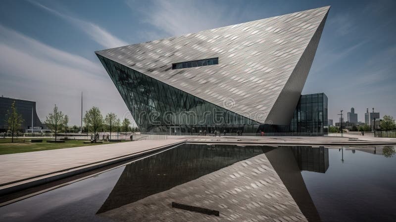 A Large Building with a Triangle Shaped Design on it S Side and a Body ...
