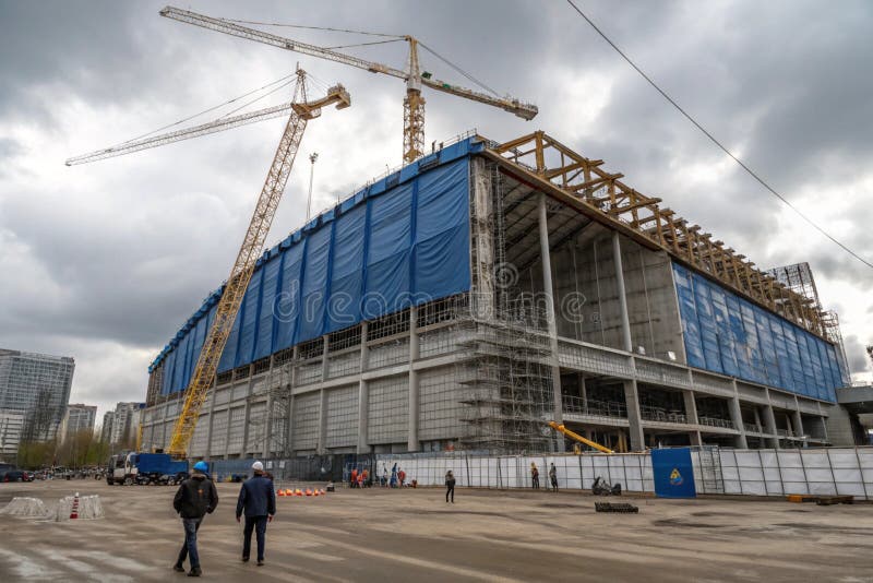 Large Building Under Construction with Crane Stock Illustration ...