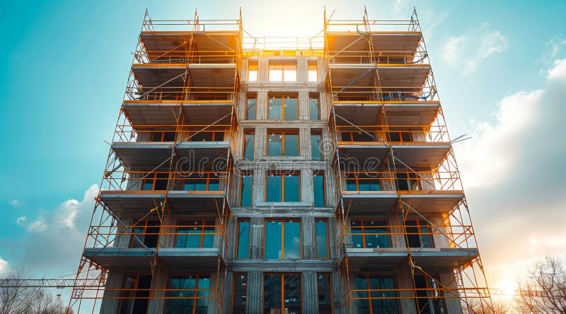 A Large Building Under Construction with Scaffolding and a Sunny Day ...