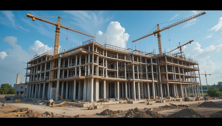 Large Building Under Construction on a Sunny Day with Multiple Cranes ...