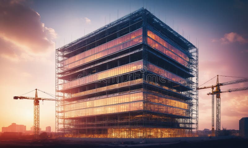 A Large Building is Under Construction at Sunset with Two Cranes ...