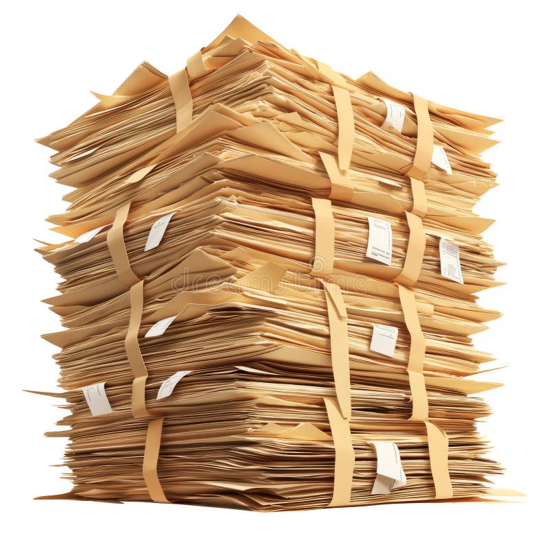 A Large, Bulky Stack of Documents Bound with Rubber Bands. on White ...