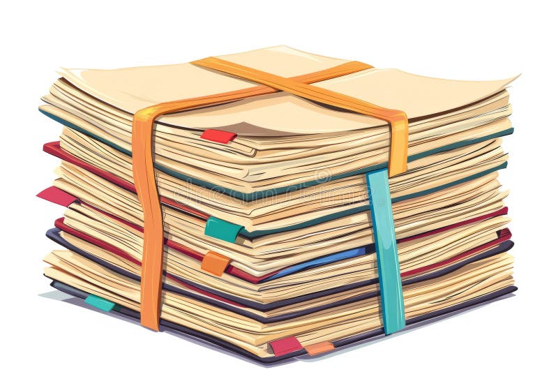 A Large, Bulky Stack of Documents Bound with Rubber Bands. on White ...