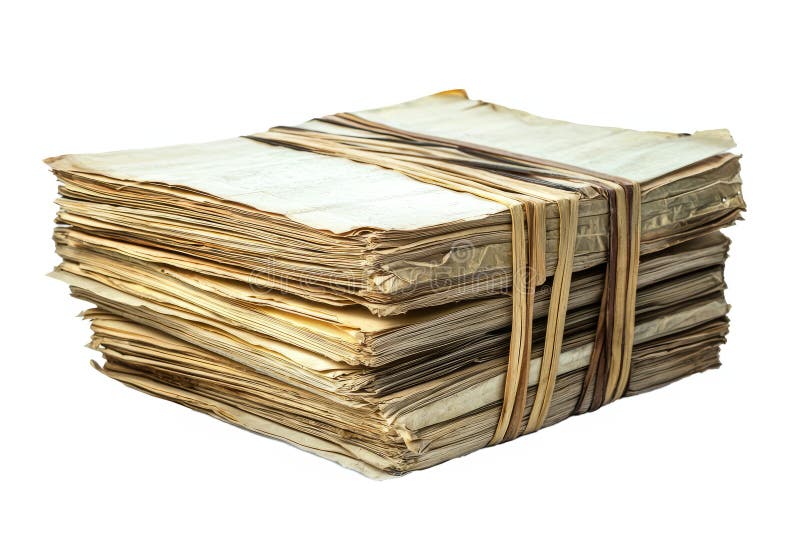 A Large, Bulky Stack of Documents Bound with Rubber Bands. on White ...