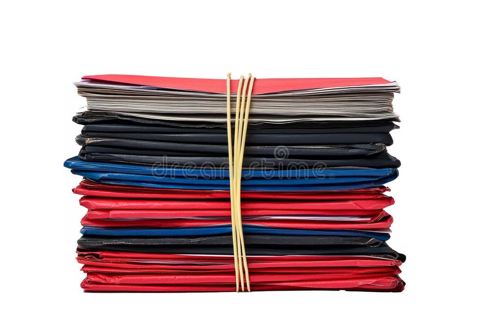 A Large, Bulky Stack of Documents Bound with Rubber Bands. on White ...