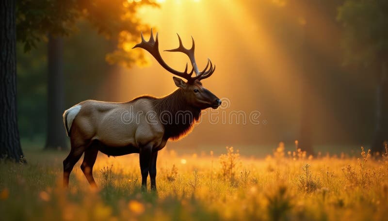 Large Bull Elk Basking in Golden Sunlight, Forest Clearing, Deer, Large ...
