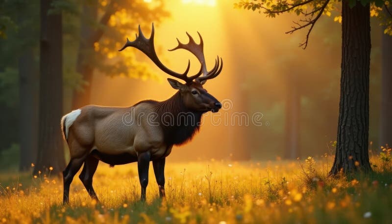 Large Bull Elk Basking in Golden Sunlight, Forest Clearing, Light ...