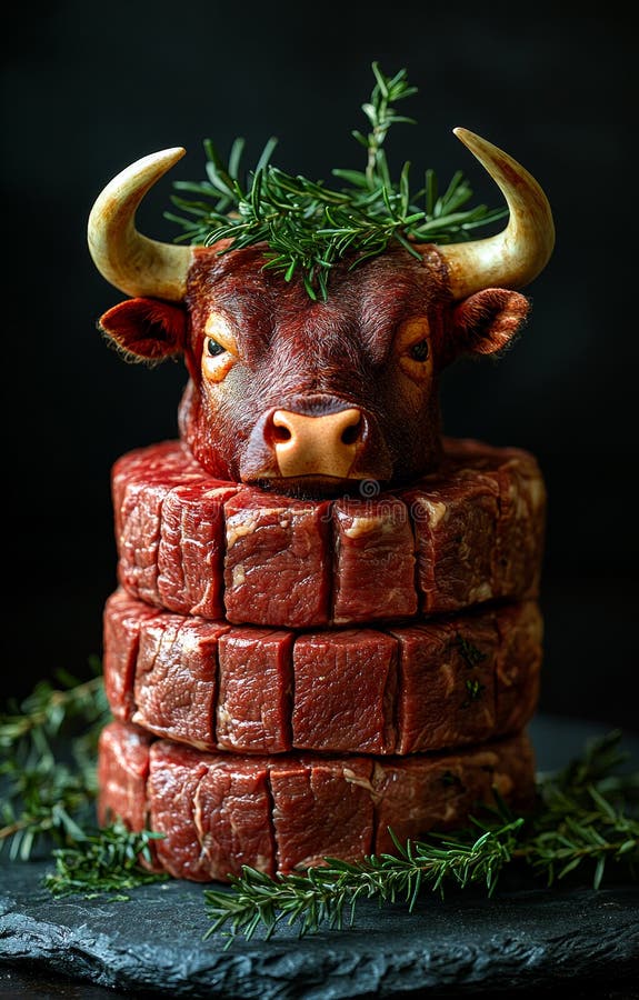 A Large Bull Head is on Top of a Stack of Meat Stock Image - Image of ...