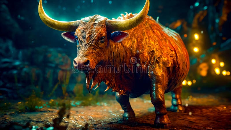 Large Bull with Large Horns Standing on Dirt Road in Front of Forest ...