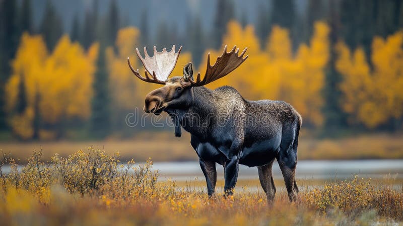 Large Bull Moose Standing in a Field with Mountains in the Background ...