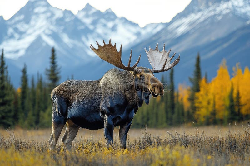 Large Bull Moose Standing in a Field with Mountains in the Background ...