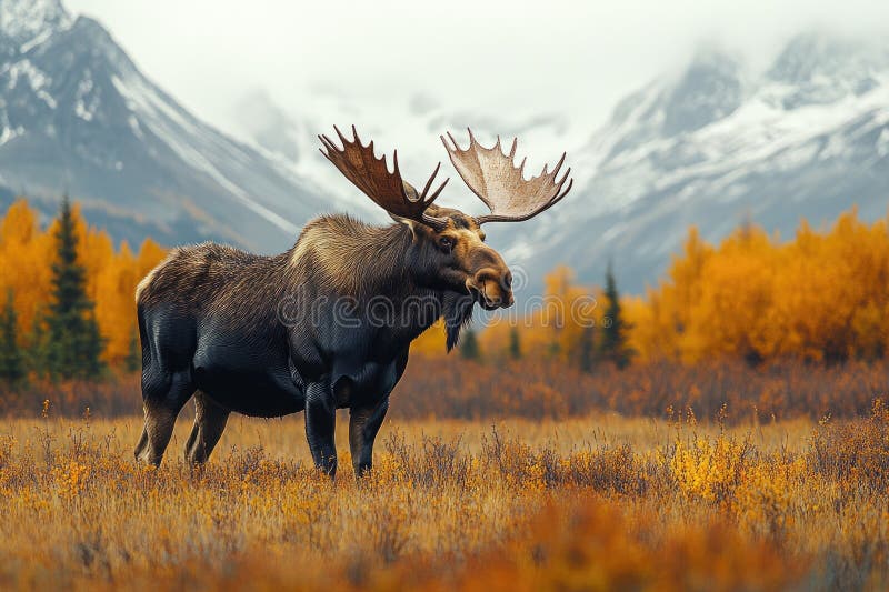 Large Bull Moose Standing in a Field with Mountains in the Background ...
