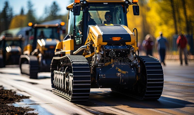 Large Bulldozer Driving on Road Stock Image - Image of heavy, urban ...