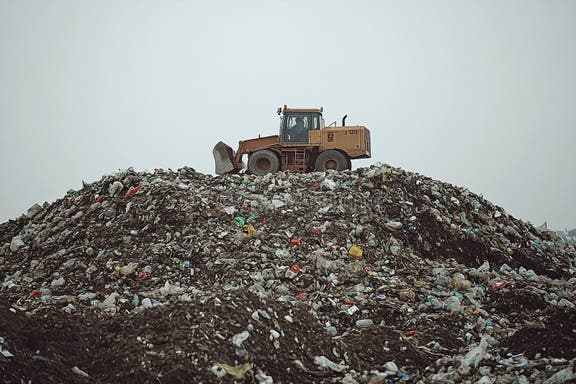 A Massive Landfill of Mixed Waste with a Heavy Equipment at the Peak ...